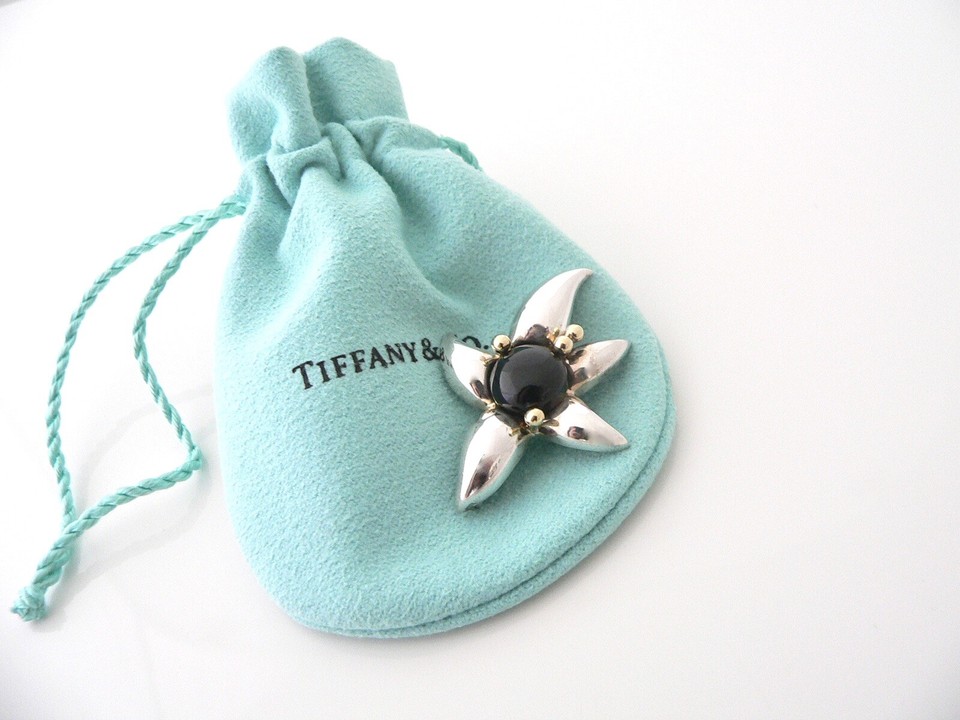 Tiffany & Co Onyx Flower Pin Silver 18K Brooch Gold Love Gift Pouch ...