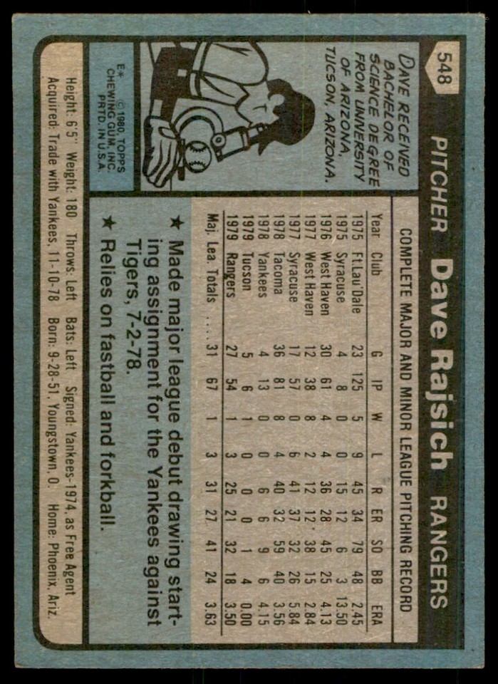 1980 TOPPS DAVE RAJSICH . TEXAS RANGERS #548 | eBay