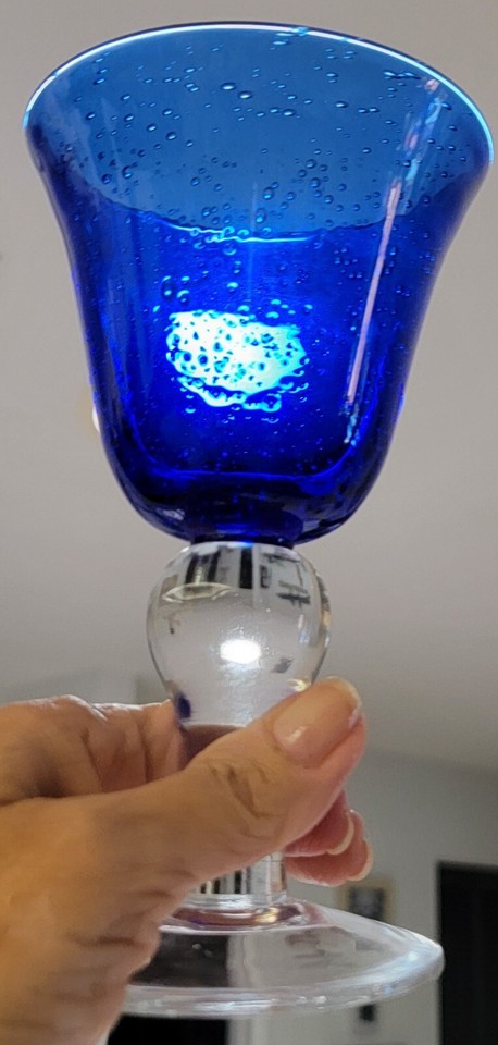 Hand Blown Glass Deep Cobalt Blue Goblets set of 3, Air Bubble Stemware ...