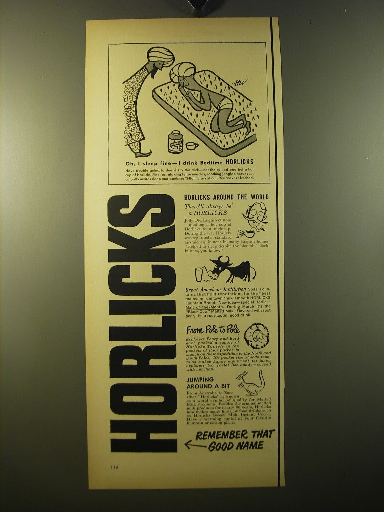 1950 Horlicks Malted Milk Ad - Oh, I sleep fine - I drink bedtime ...