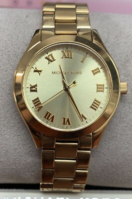 MICHAEL KORS MK3456 Slim Mini Runway Gold Tone Dial Ladies Dress Watch ...