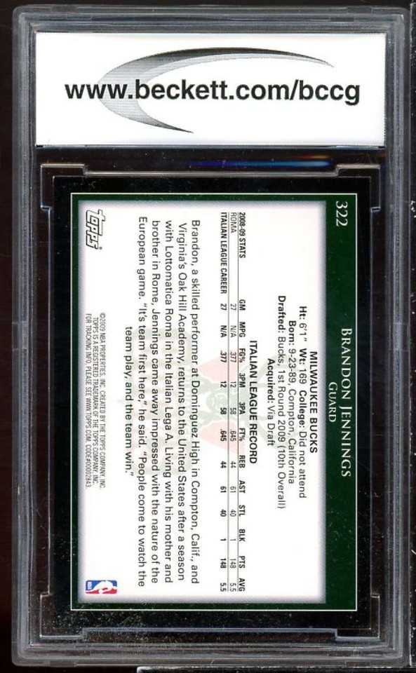 Brandon Jennings Rookie Card 2009-10 Topps #322 BGS BCCG 10 | eBay