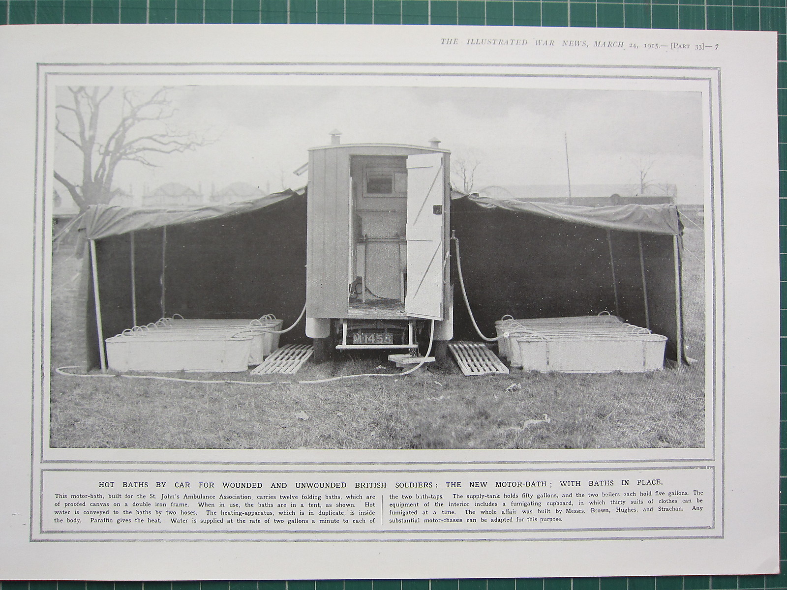 1915 WWI WW1 PRINT ~ HOT BATHS FOR BRITISH SOLDIERS NEW MOTOR-BATH ...