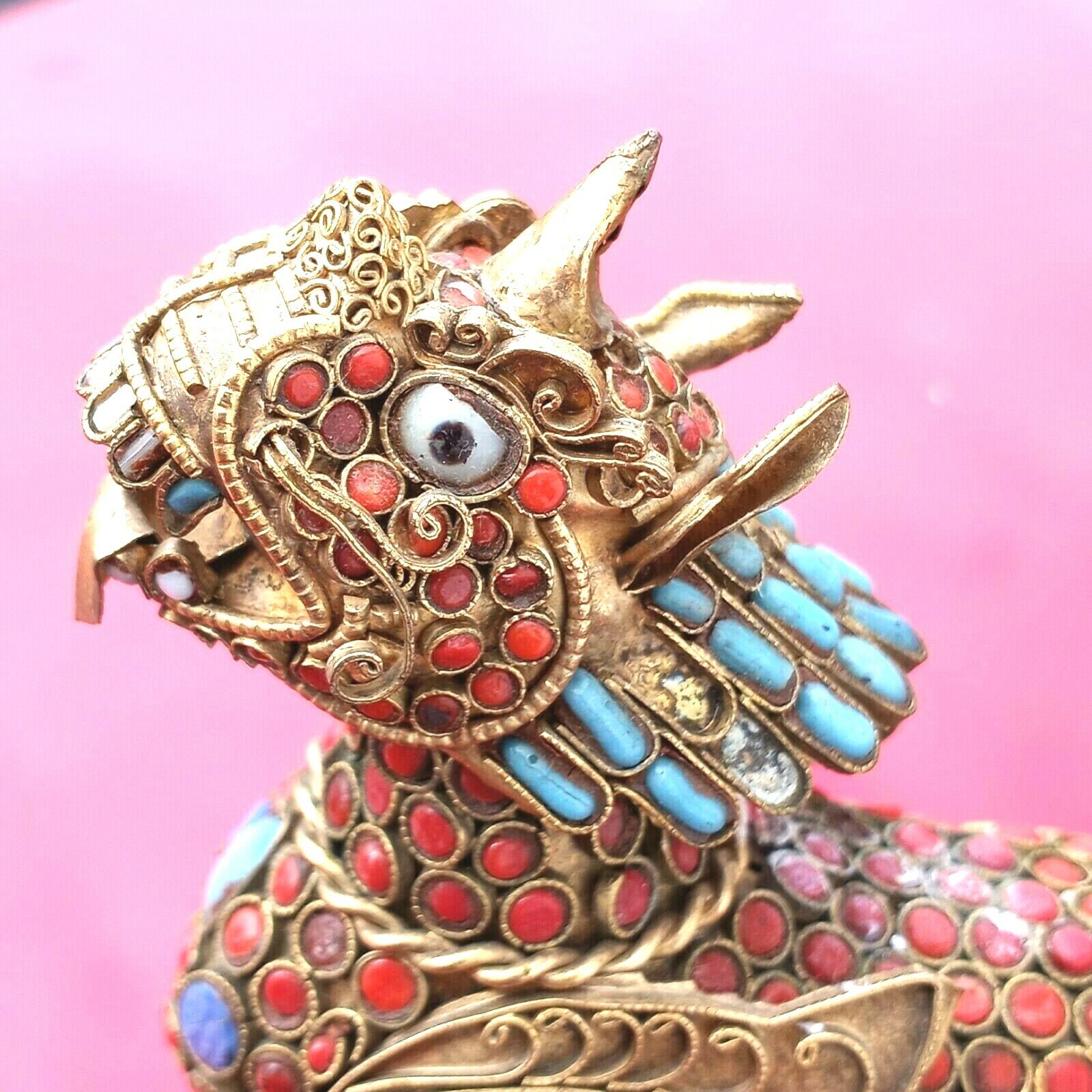 Vintage Foo Dog lion Good Luck Qulin dragon Figurine inlaid Coral ...