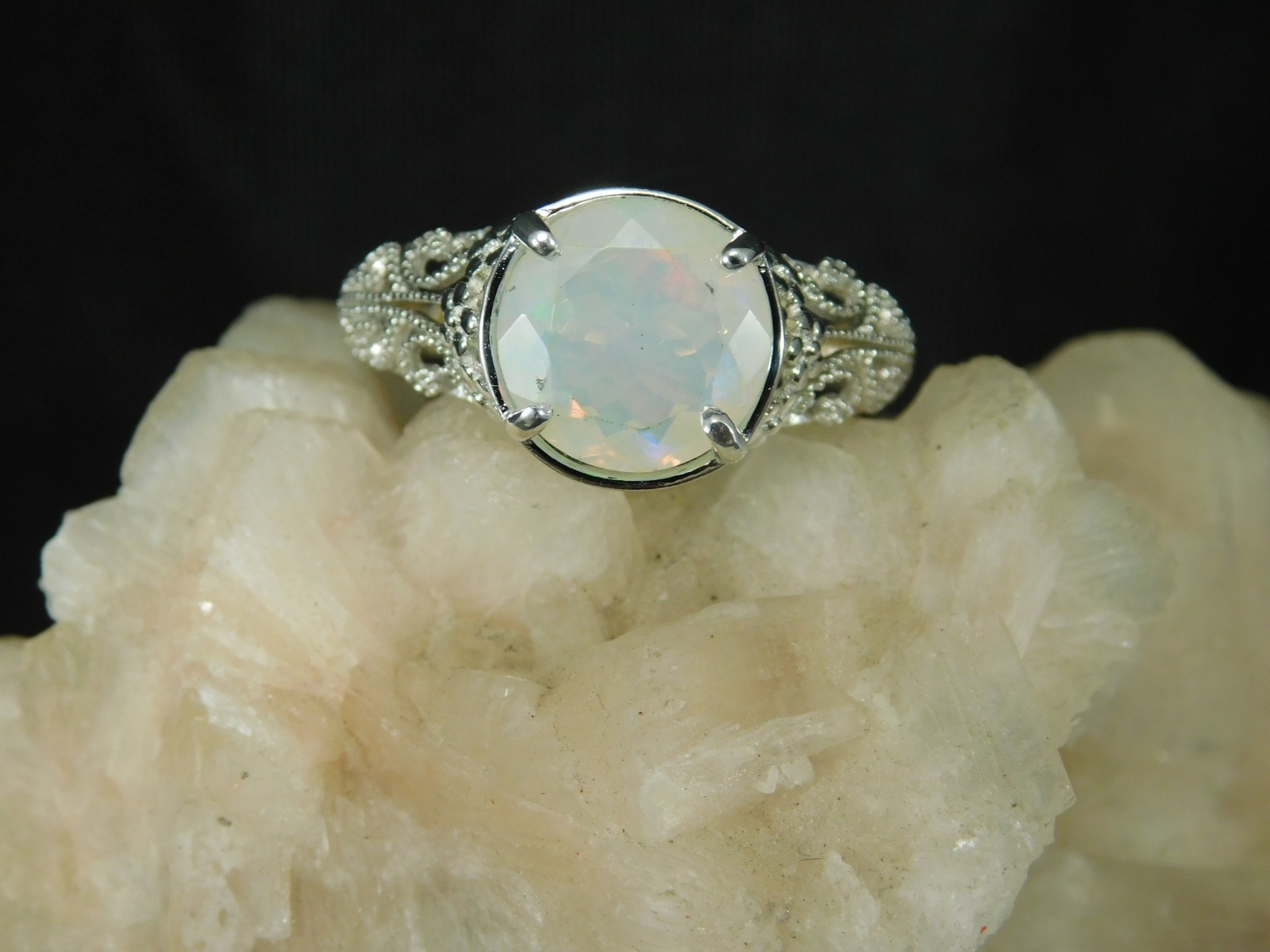 2.37 ct. Round Faceted Opal Ring Art Deco Style Filigree Sterling ...