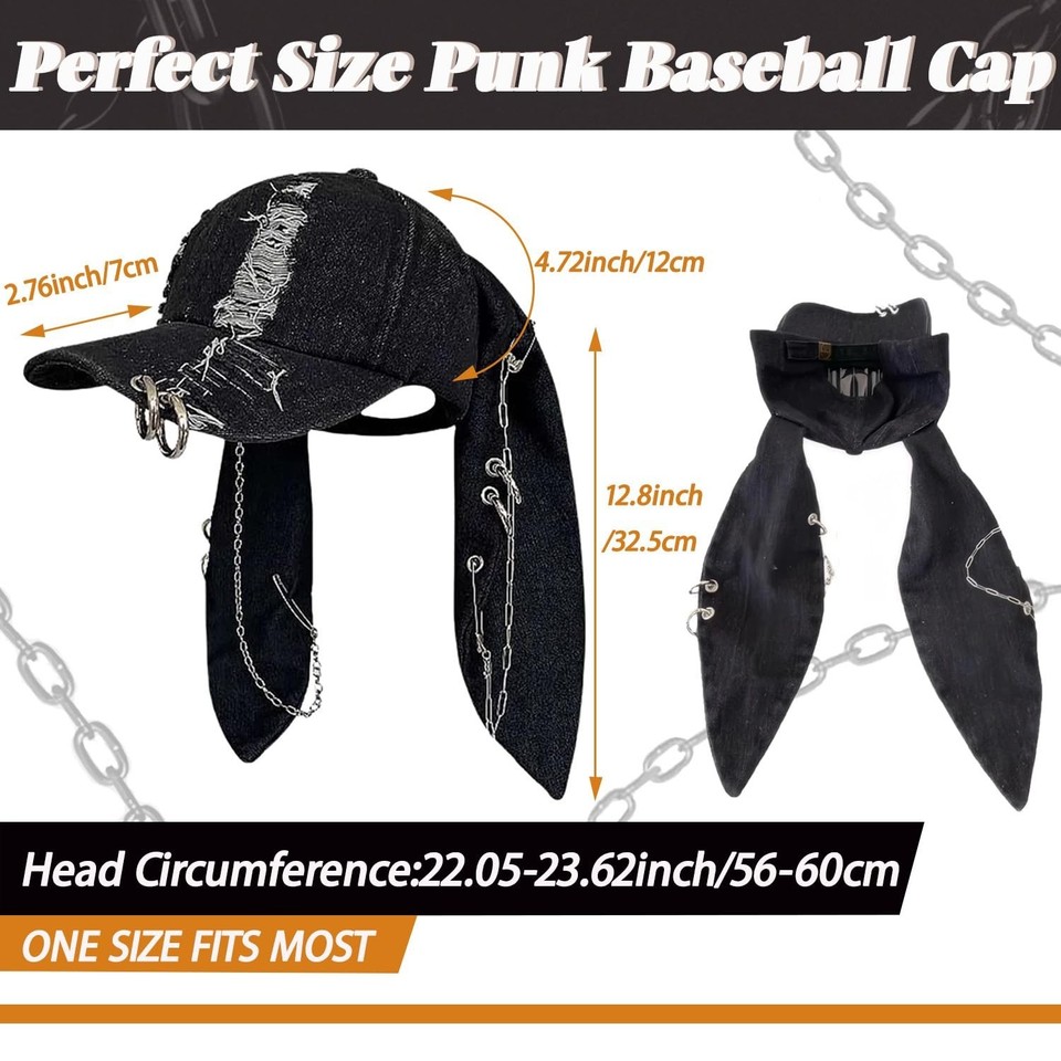 Y2k Hat Punk Hats Denim Bunny Hat Chains Distressed Baseball Cap Kpop ...