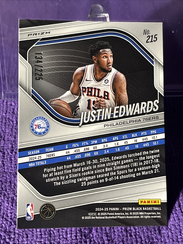 2024-25 Panini Prizm Black - Justin Edwards #215 Basketball Prizm /225 ...