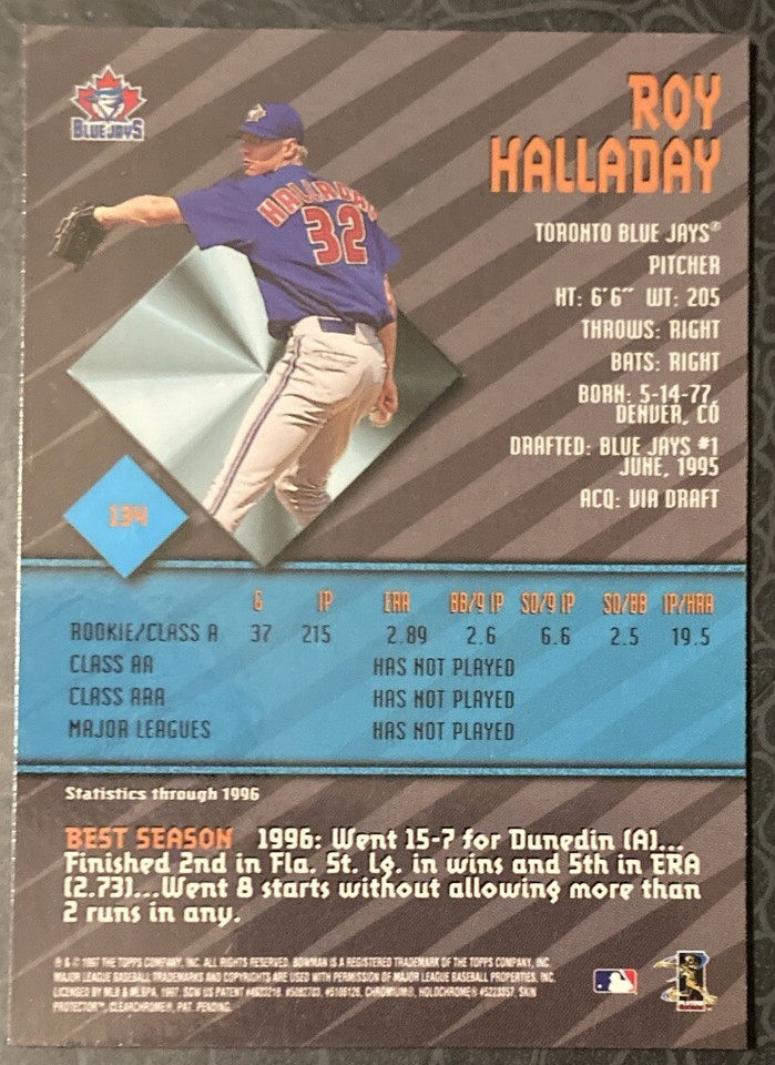 Roy Halladay 1997 Bowman’s Best Rookie Card #234 (5926) | eBay