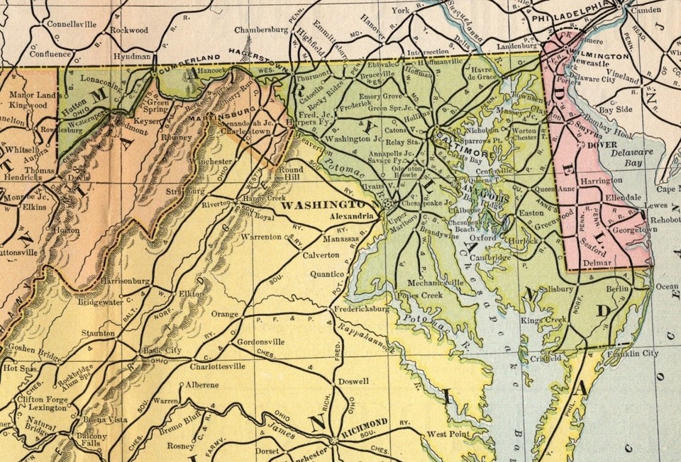 1900 Antique Delaware Maryland West Virginia Railroad Map Railway Map ...