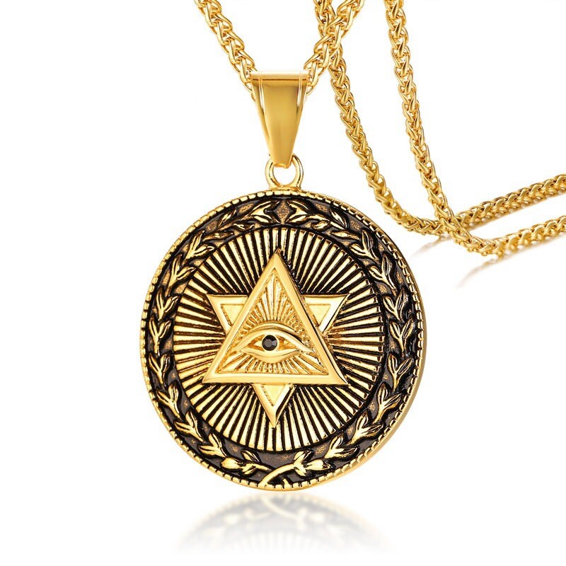 Mens Round Gold Eye of Providence Pendant Necklace Illuminati Jewelry ...