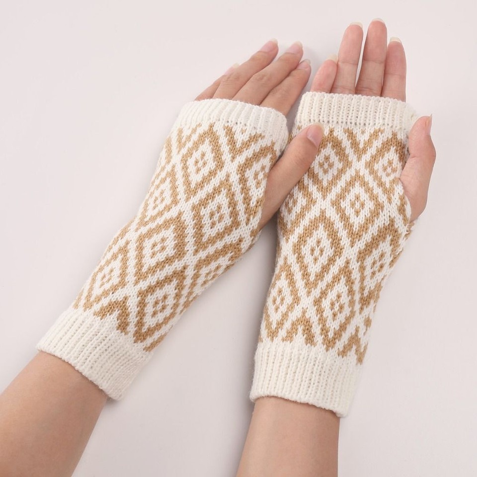 Fingerless Wrist Gloves Rhomb Pattern Writing Gloves Warm Mittens Girl ...