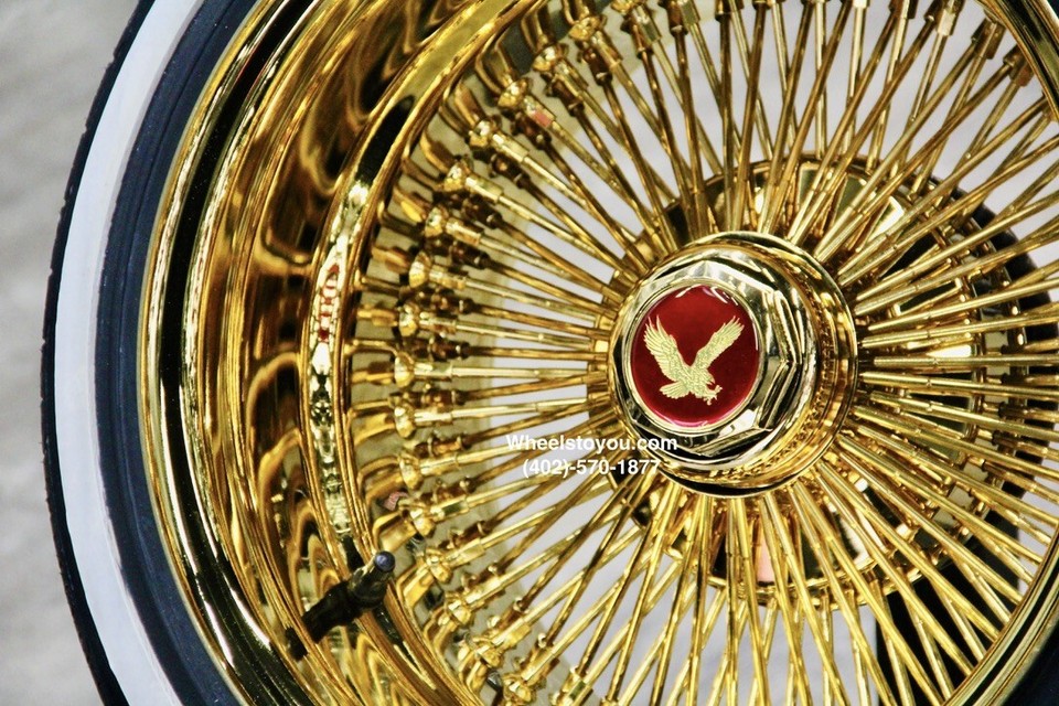 15x10" All Gold 100 Spoke Wire Wheels Low Profile Whitewall Tires Set ...