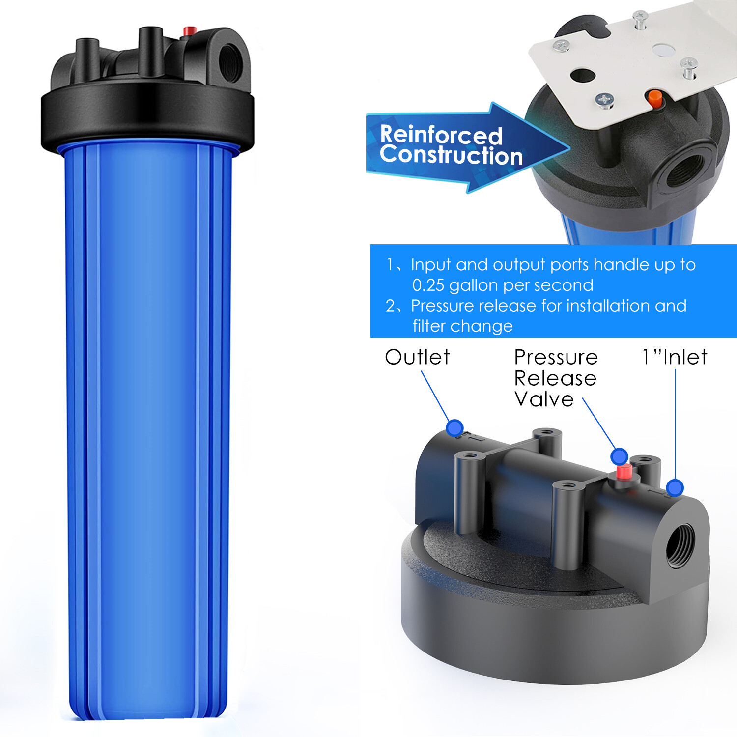 4 Pack Big Blue Whole House Water Filter Housing Sets - 4.5" x 20" w/ 1 ...