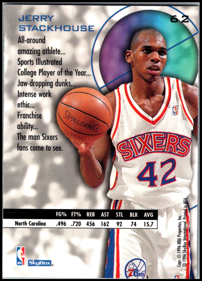 1995 SkyBox E-XL #62 Jerry Stackhouse - Blue Rookie RC FREE SHIPPING ...
