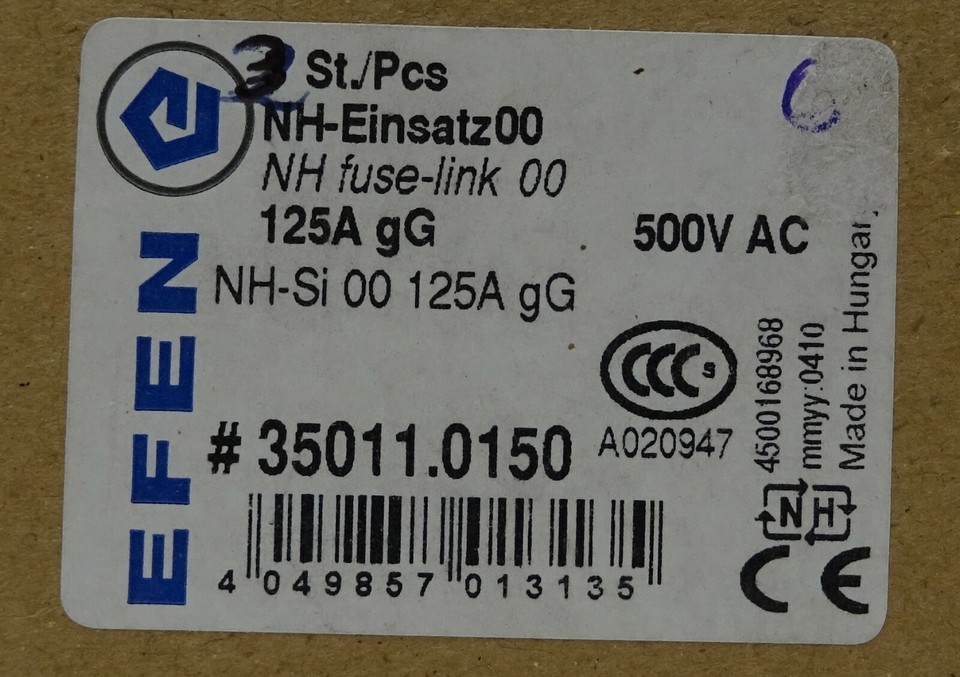 3x EFEN NH-Sicherungseinsatz 35011.0150 Fuse Link NH-Einsatz NH00 125A ...