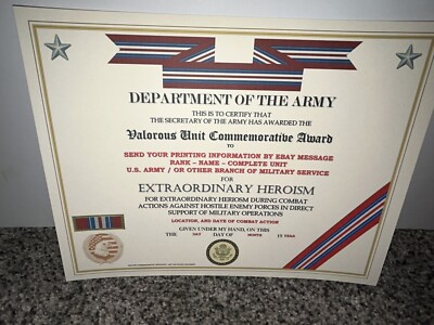 U.S. ARMY VALOROUS UNIT AWARD COMMEMORATIVE CERTIFICATE ~ TYPE-2 W ...