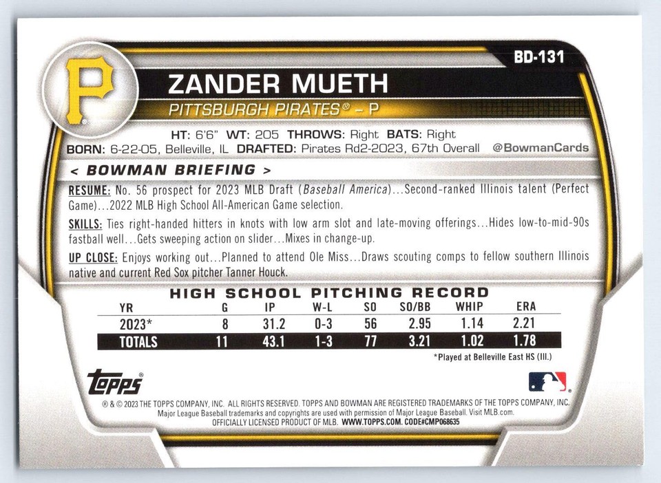 2023 1st Bowman Draft #BD-131 Zander Mueth Pittsburgh Pirates Baseball ...