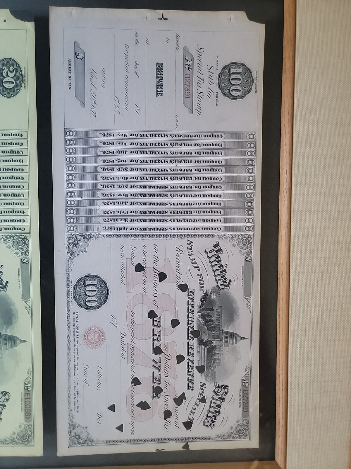 U.S IRS Special Tax Stamp- 100 Hundred Dollars Special Tax 1876 Brewer ...