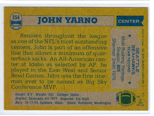 1982 Topps Football #254 - JOHN YARNO - Seattle Seahawks | eBay