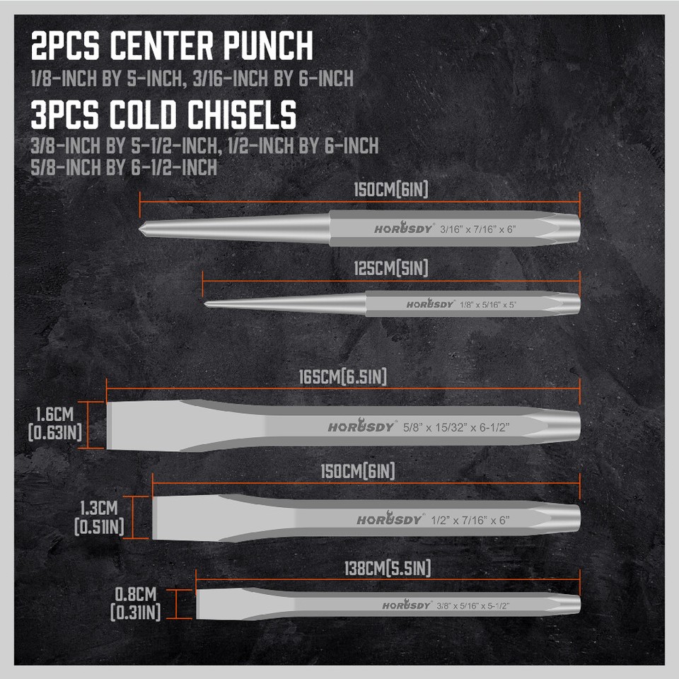 16Pc Punch & Cold Chisel Set Pin Tapered Center Punches + Gauge With ...
