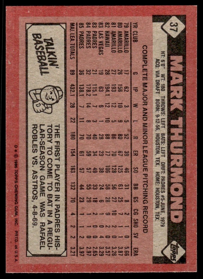 1986 Topps Baseball Card Mark Thurmond B San Diego Padres #37 | eBay