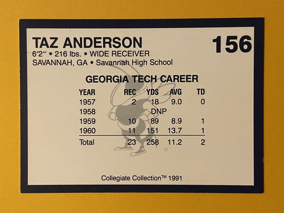 TAZ ANDERSON (Dec) Signed 1991 Collegiate Collection Georgia Tech HOF ...