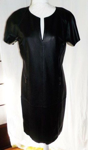 Etcetera 100% black leather dress, split V-neck, w/zi… - Gem