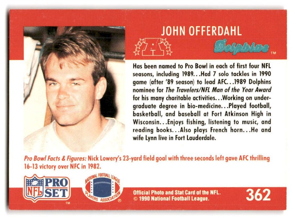 John Offerdahl 1990 Pro Set #362 Miami Dolphins FOOTBALL | eBay