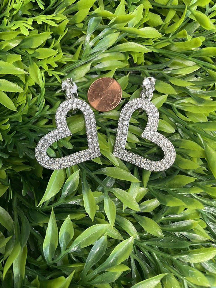 Rhinestone Heart Earrings Clip On Color Silver | eBay