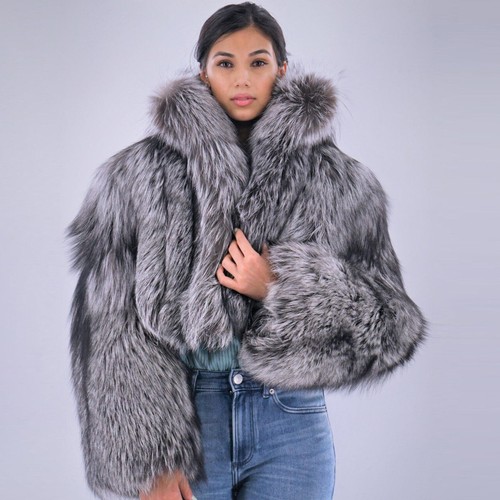 Genuine Silver Fox Fur Jacket Thick Real Fur Short Coat Women Full Pelt ...
