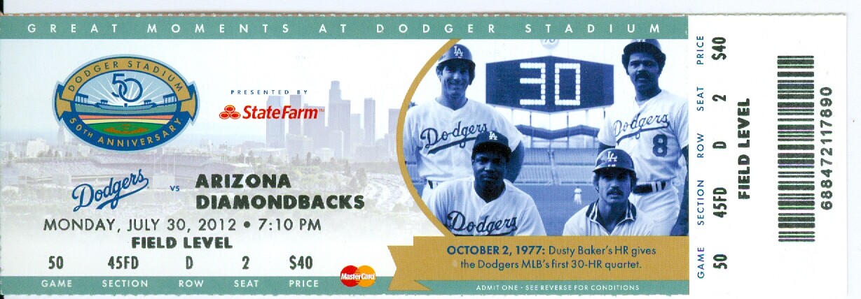 2012 Dodgers vs Diamondbacks Ticket Chris Johnson Grand Slam/Paul ...