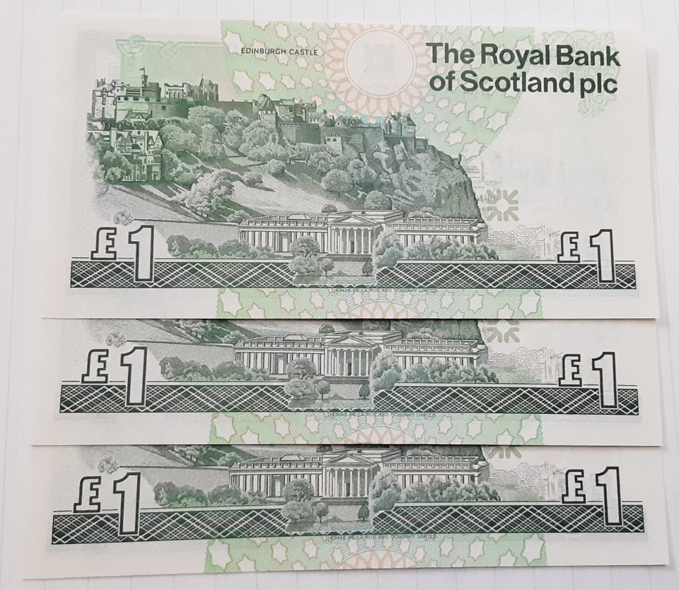3 x Royal Bank Of Scotland One Pound £1 Notes, consecutive numbers ...
