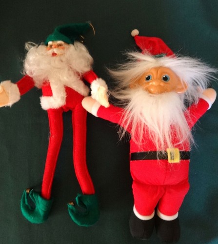 Two Vintage Santa Doll Figures 1 Troll 1 Felt Large 13" Elf Shoes Hat ...