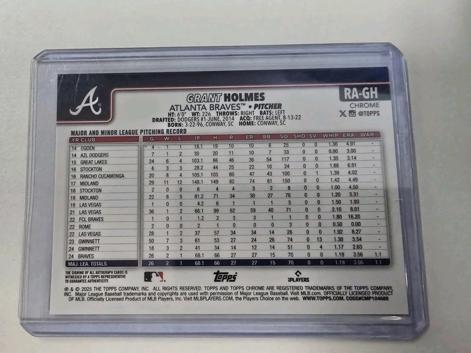 GRANT HOLMES 2025 TOPPS CHROME ROOKIE PURPLE SPECKLE RC AUTO /299 ...