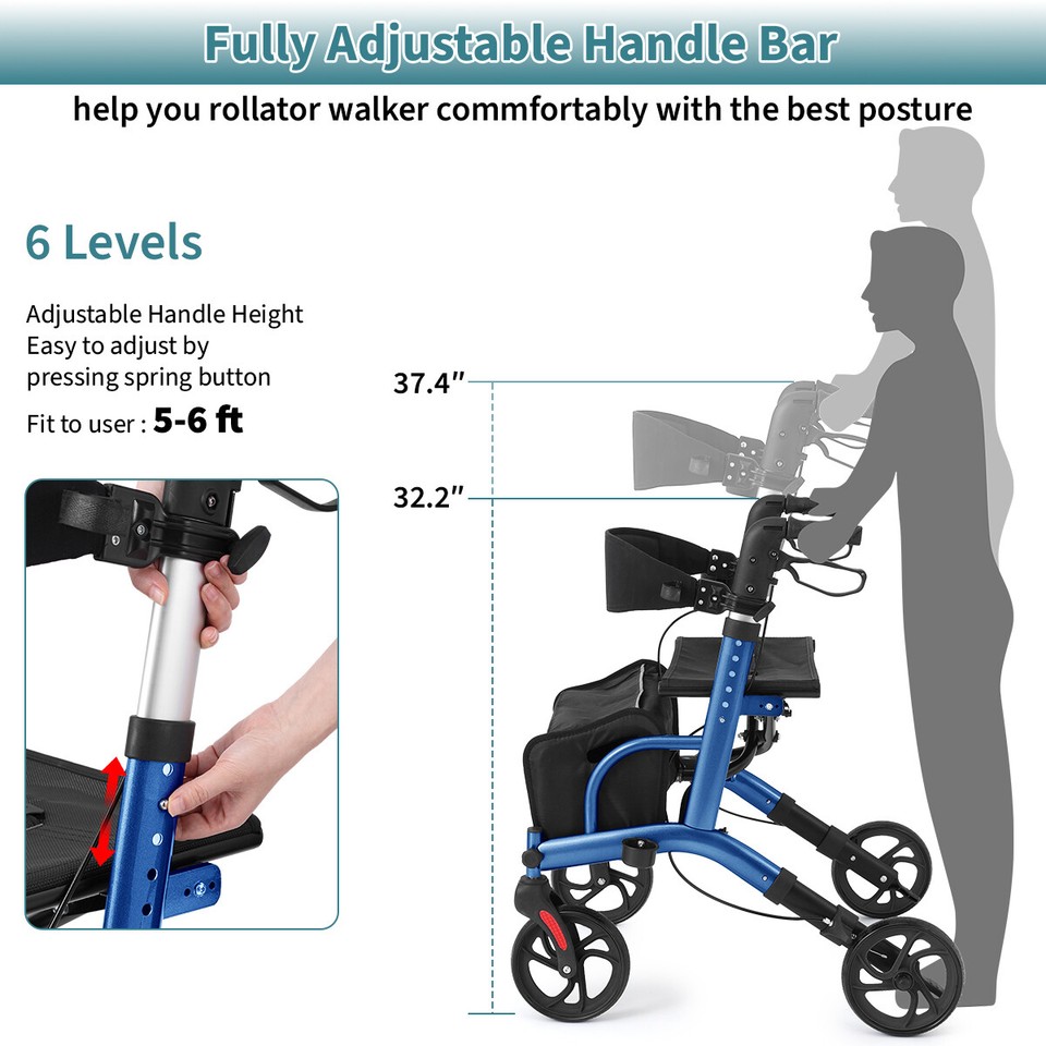 Compact Blue Rollator Walker for Seniors - Easy Folding Aid with Seat ...