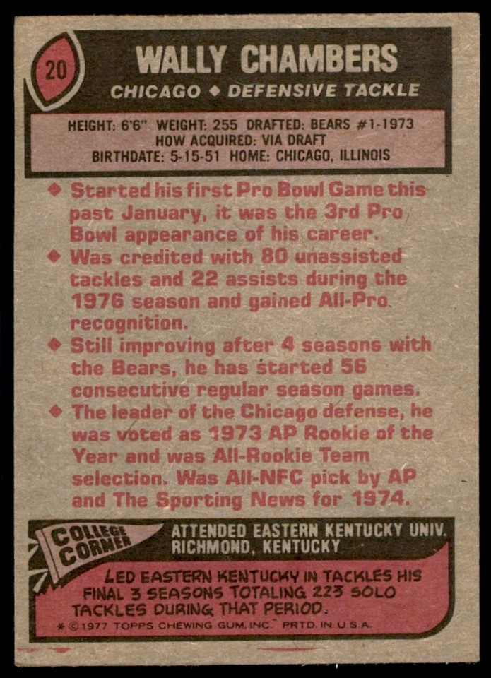 1977 Topps Wally Chambers Football Card Chicago Bears #20 | eBay