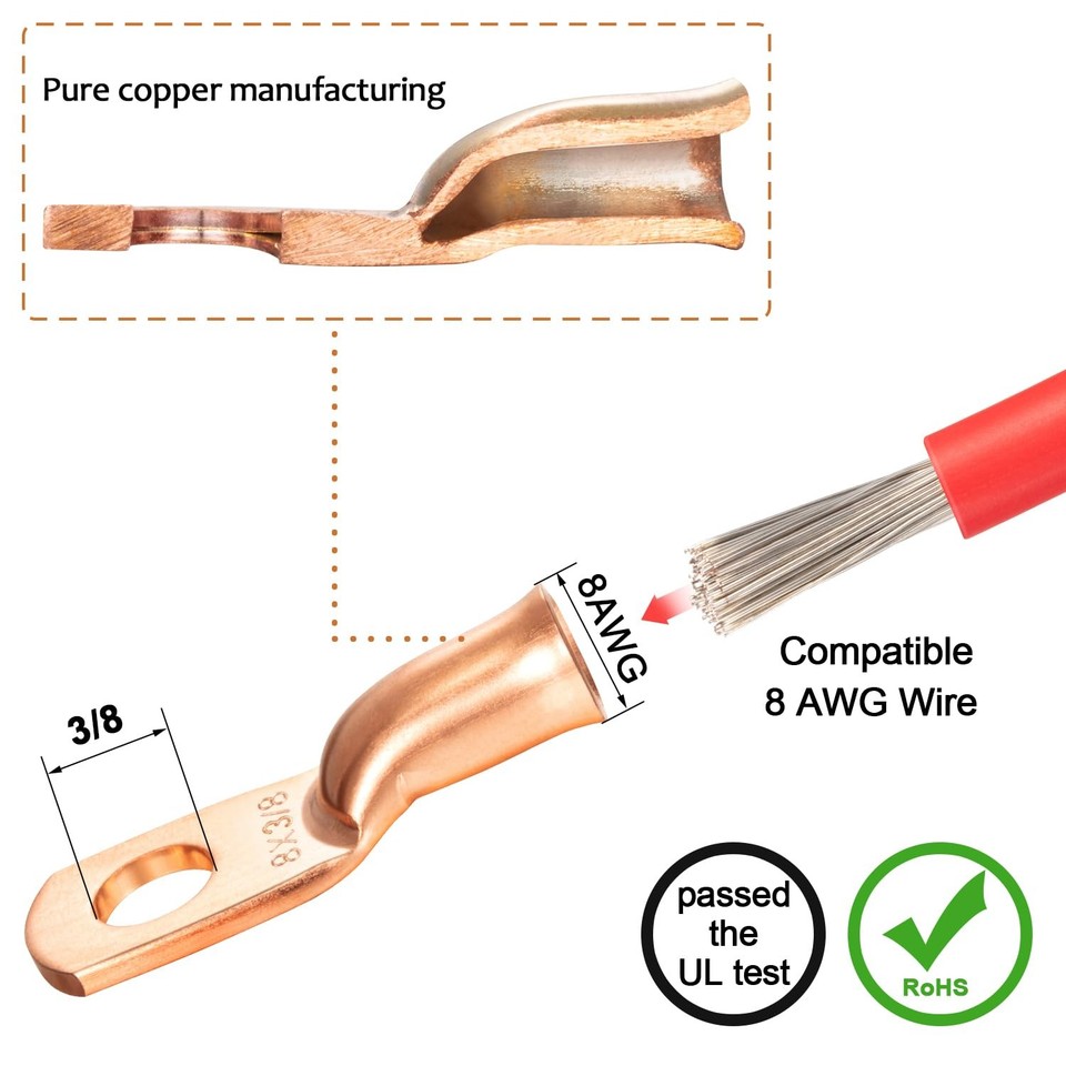 10 Pack UL Test Wire Lugs 8 Gauge Stud Ring Terminals Heavy Duty Copper ...