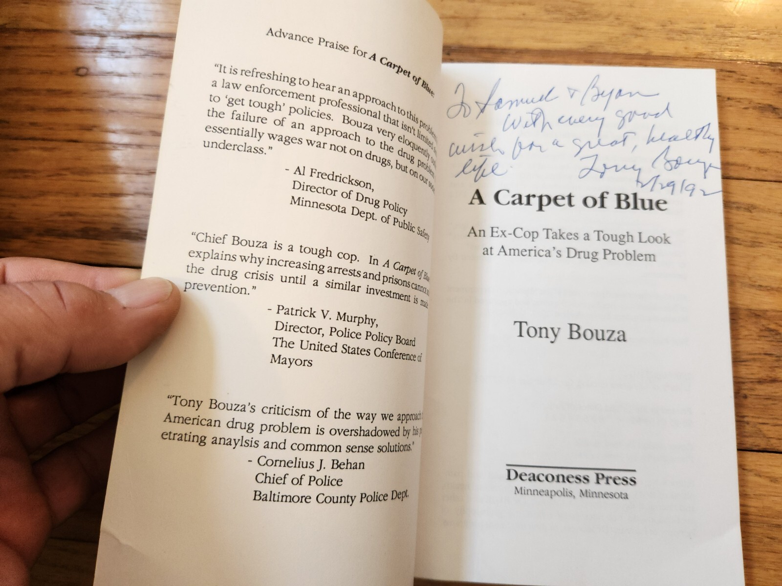Tony Bouza SIGNED A Carpet of Blue Ex-Cop America Drug Problem 1992 COA ...