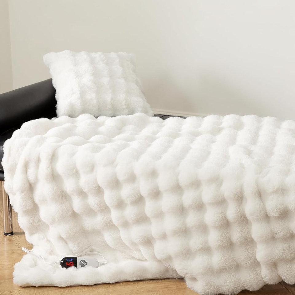 Faux Fur Heated Blanket Throw White - Luxury Fluffy Rabbit Bubble ...
