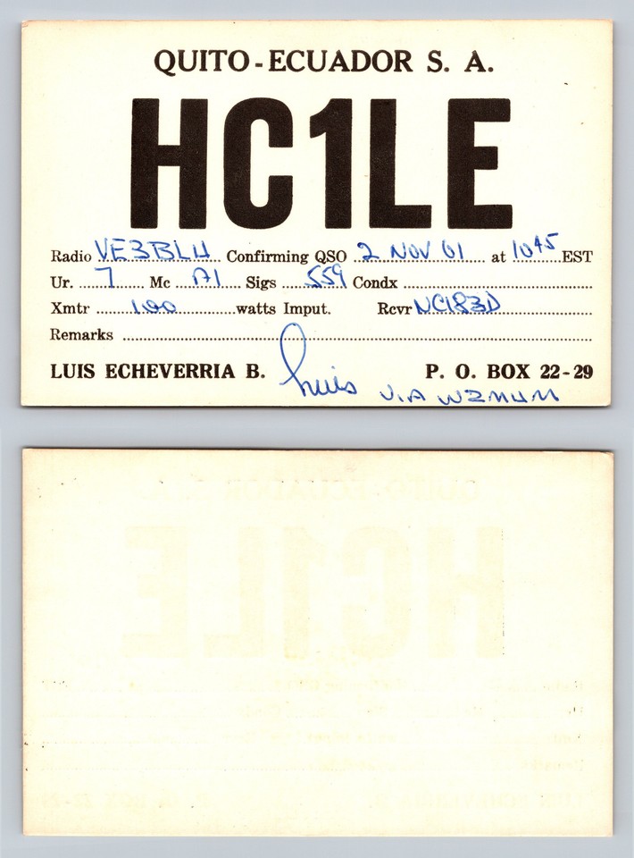 Ham Radio QSL QSO Postcard HC1LE, Quito, Ecuador | eBay