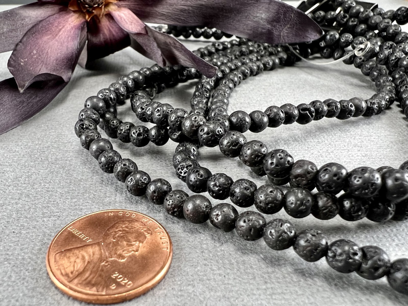 4mm Lava stone. 1 strand 15 inches. Natural volcano beads round. Lava ...