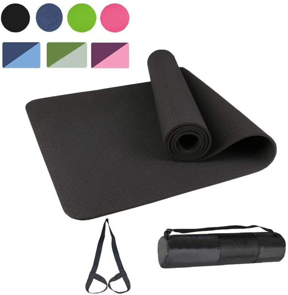 Yoga Mat Fitness Pilates Gym TPE Non Slip Exercise Pad Bag Strap Women ...