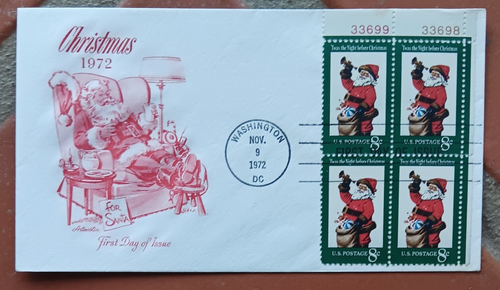 CHRISTMAS SANTA DELIVERING GIFTS 1972 FDC ARTMASTER CACHET FDC PLATE# ...