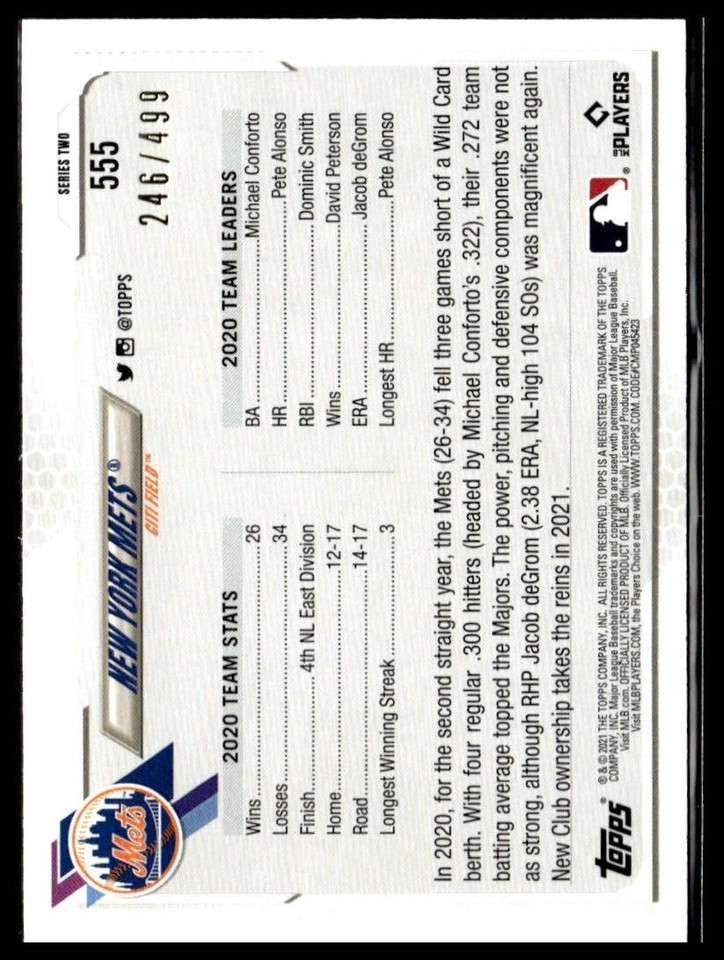 2021 Topps 555 New York Mets Team Card Green Foil 246/499 Pete Alonso ...