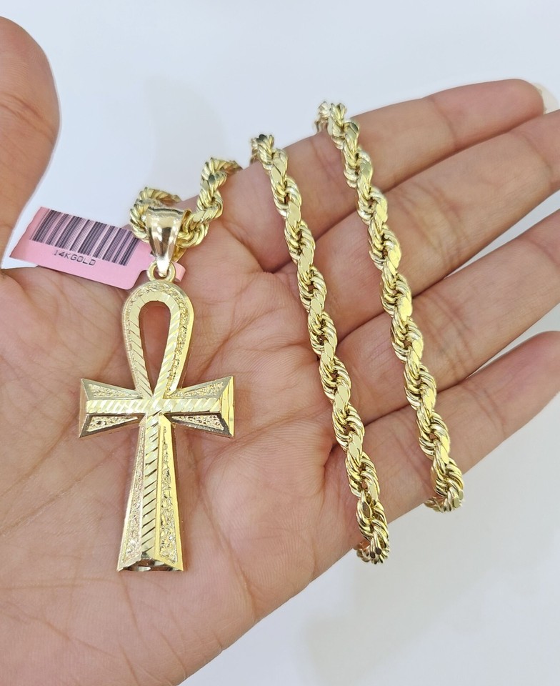 Real 14k Yellow Gold Rope Chain Ankh Cross Charm Set Link 5mm 22Inch ...