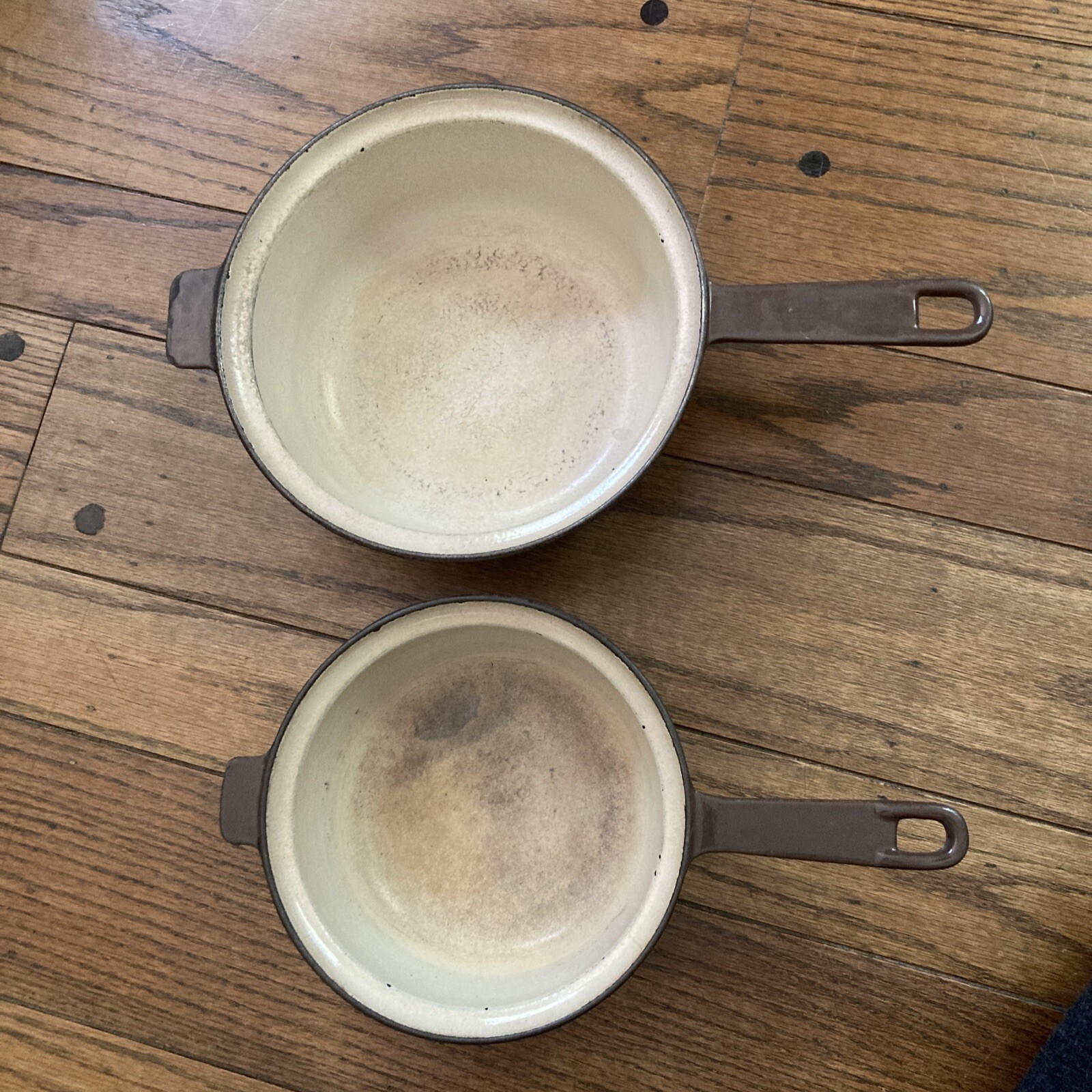 Vtg #18 #22 Lot Cousances LE CREUSET Cast Iron Brown Enamel Sauce Pan 1 ...