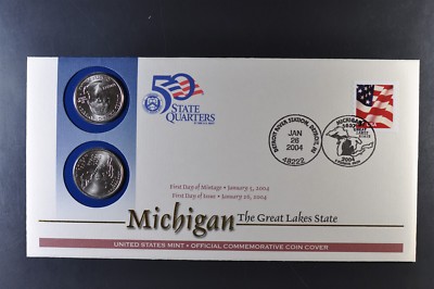 2004 Michigan P&D State Quarter First Day Coin Cover + 37 cent Stamp ...