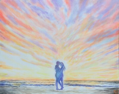 Original Romantic Ocean Sunset Couple on the Beach Painting on Canvas ...