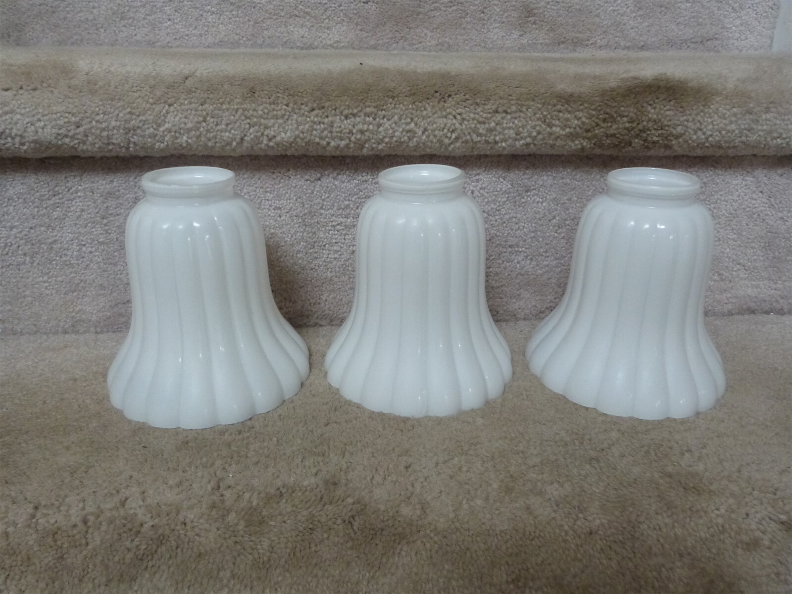 3 VINTAGE Fluted Bell Shaped Light Shades Thin White Glass 5.5" w/ 2.25 ...