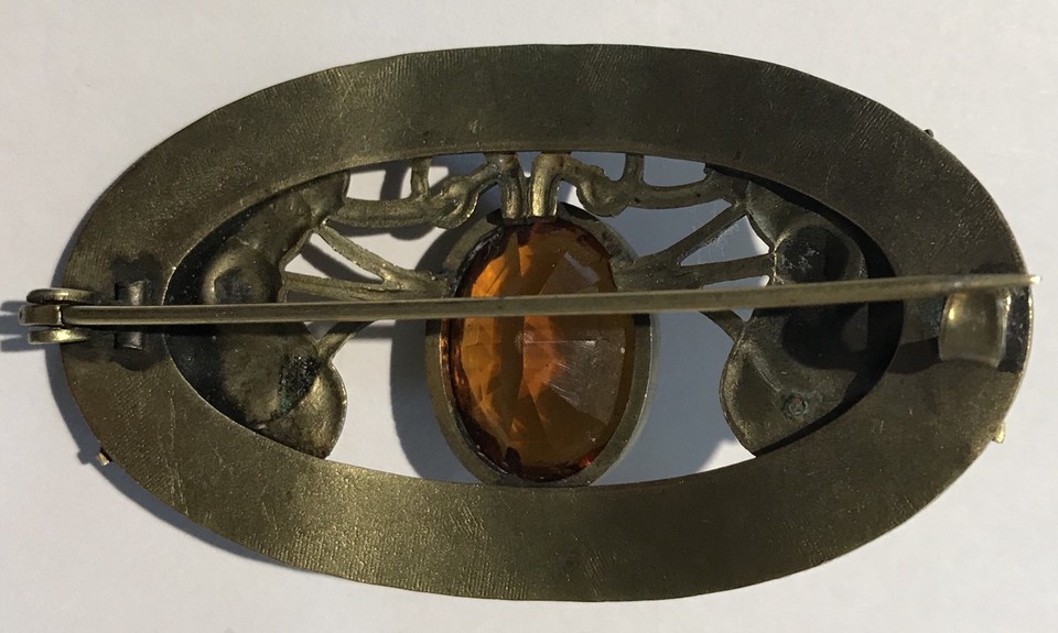 ART NOUVEAU 1920'S ANTIQUE BRASS & FACETED GOLDEN TOPAZ GLASS LEAVES ...